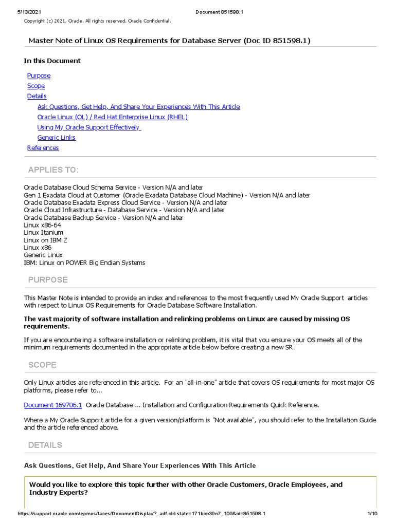Document 851598.1-Master Note of Linux OS Requirements For Database Server | PDF | Oracle ...