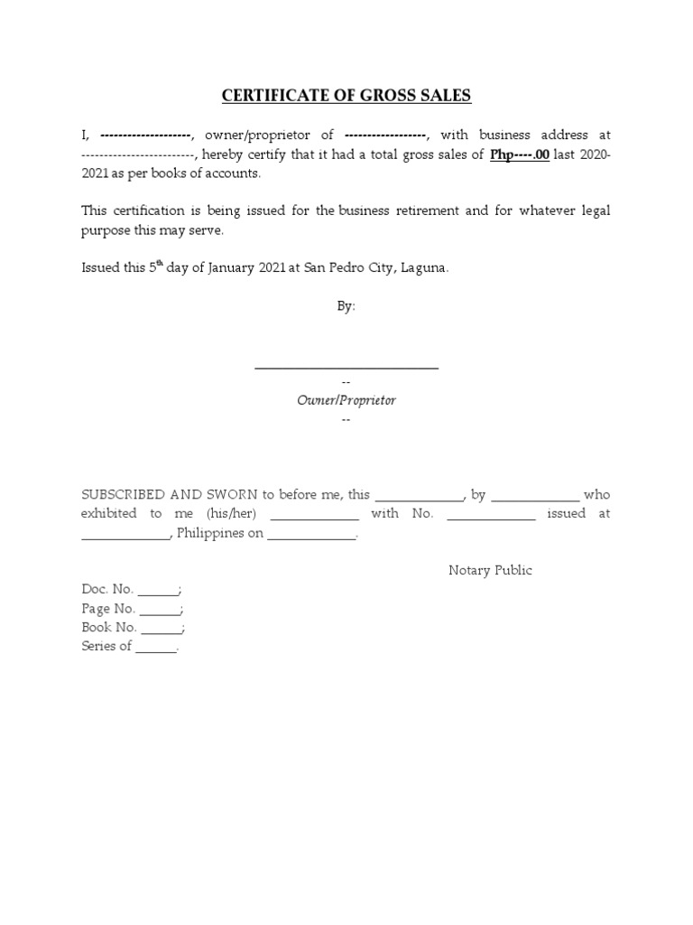 Certificate of Gross Sales | PDF | Finance & Money Management