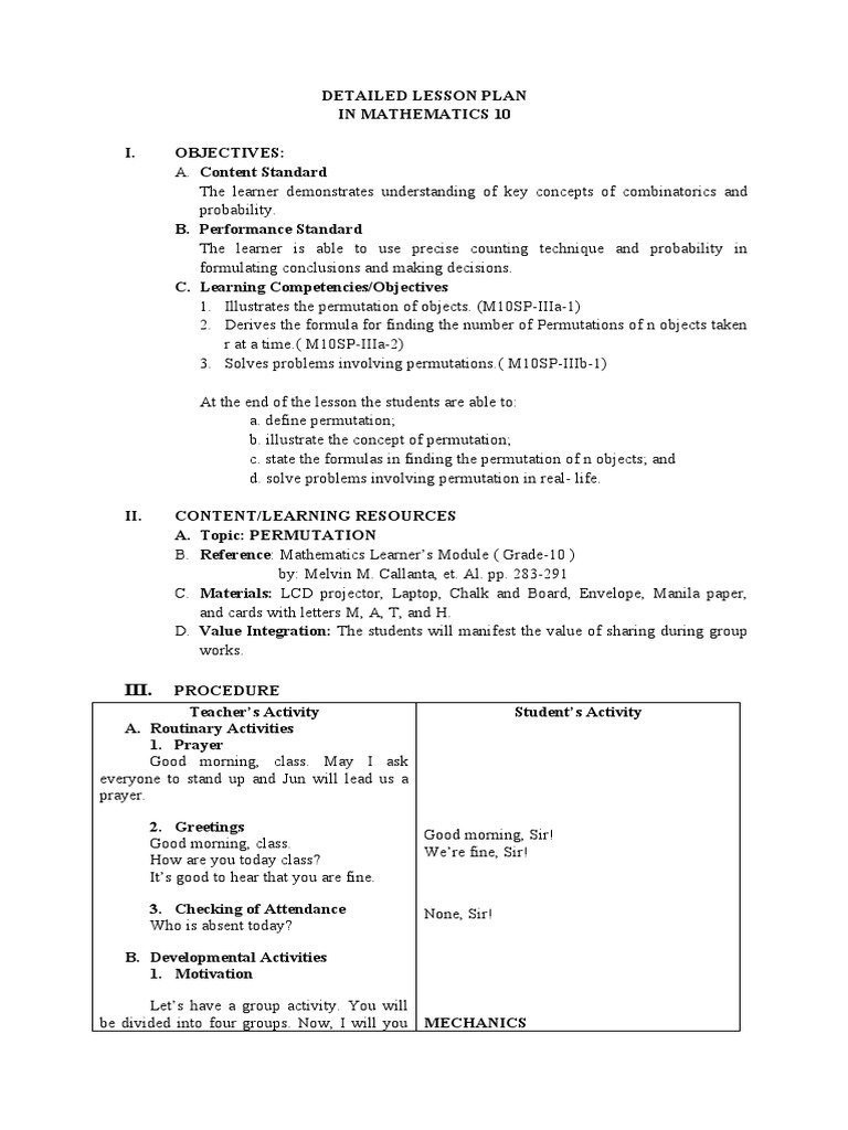 Detailed Lesson Plan | PDF | Permutation | Learning