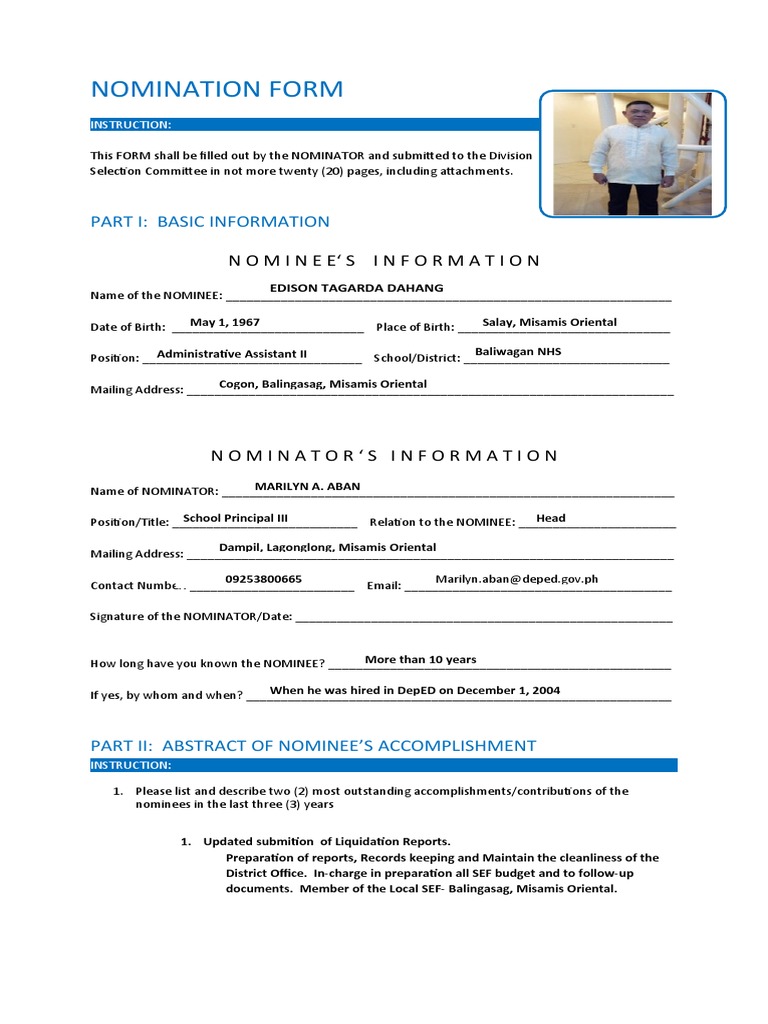 Nomination Form: Part I: Basic Information | PDF | Cognition