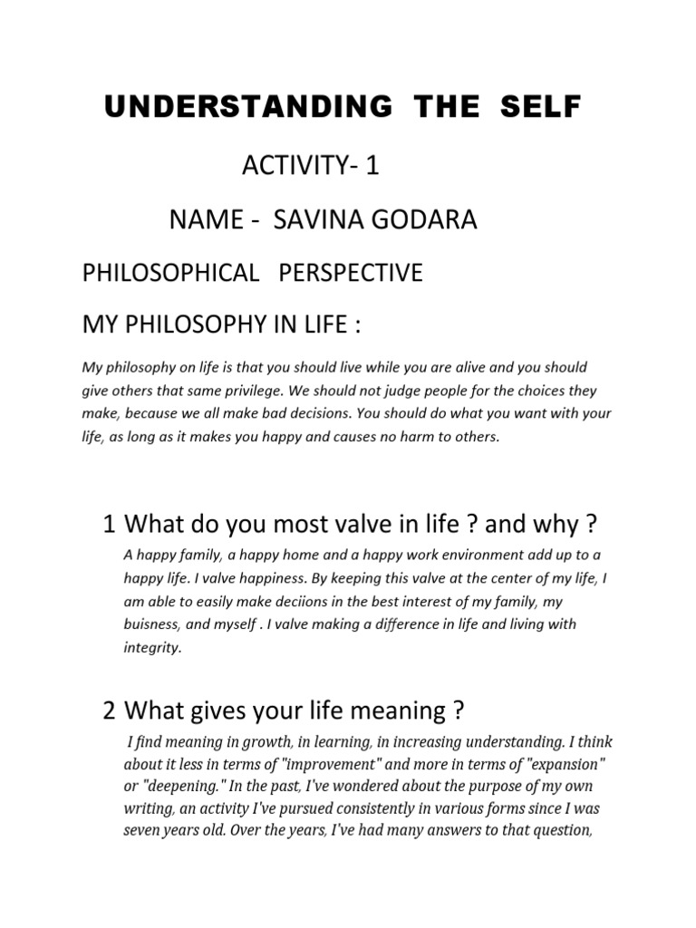 Understanding The Self Activity-1 Name - Savina Godara: Philosophical ...