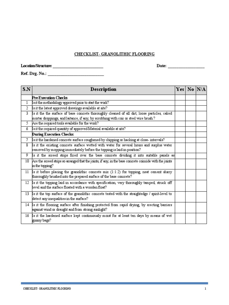 Granolithic Flooring Execution Checklist | PDF