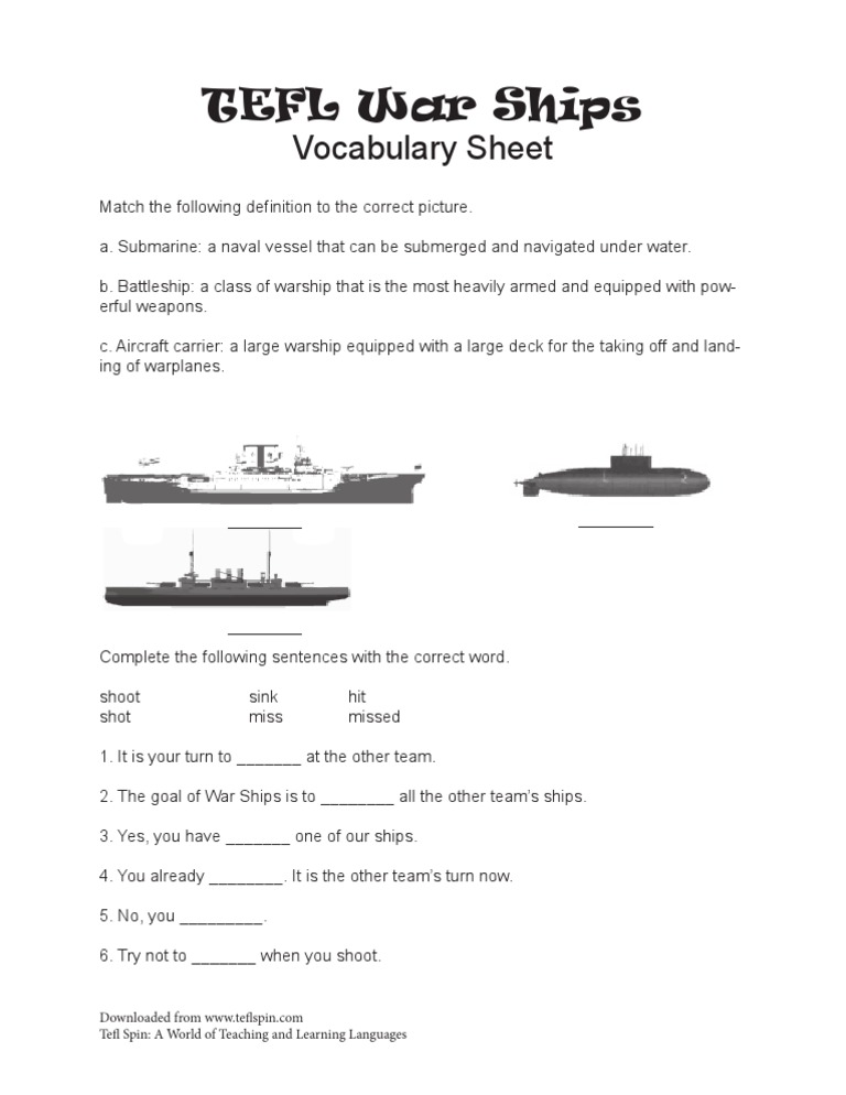 Tefl Spin War Ships Vocabulary Sheet | PDF | Language Arts & Discipline ...