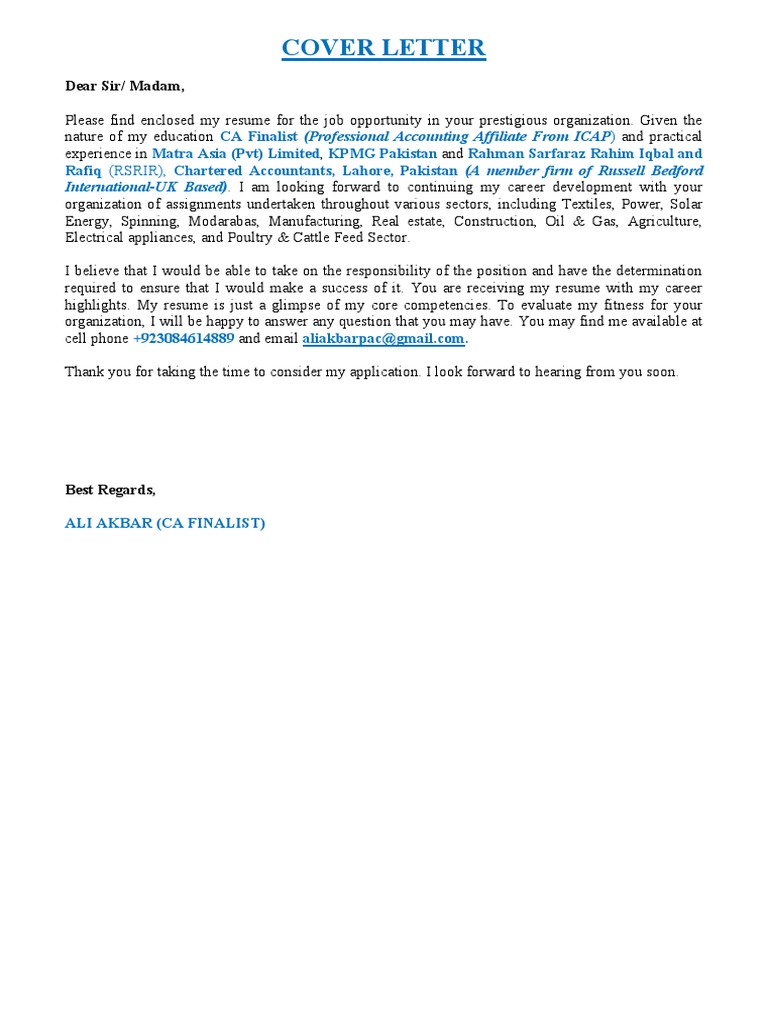 Cover Letter: KPMG Pakistan (RSRIR), Chartered Accountants, Lahore ...