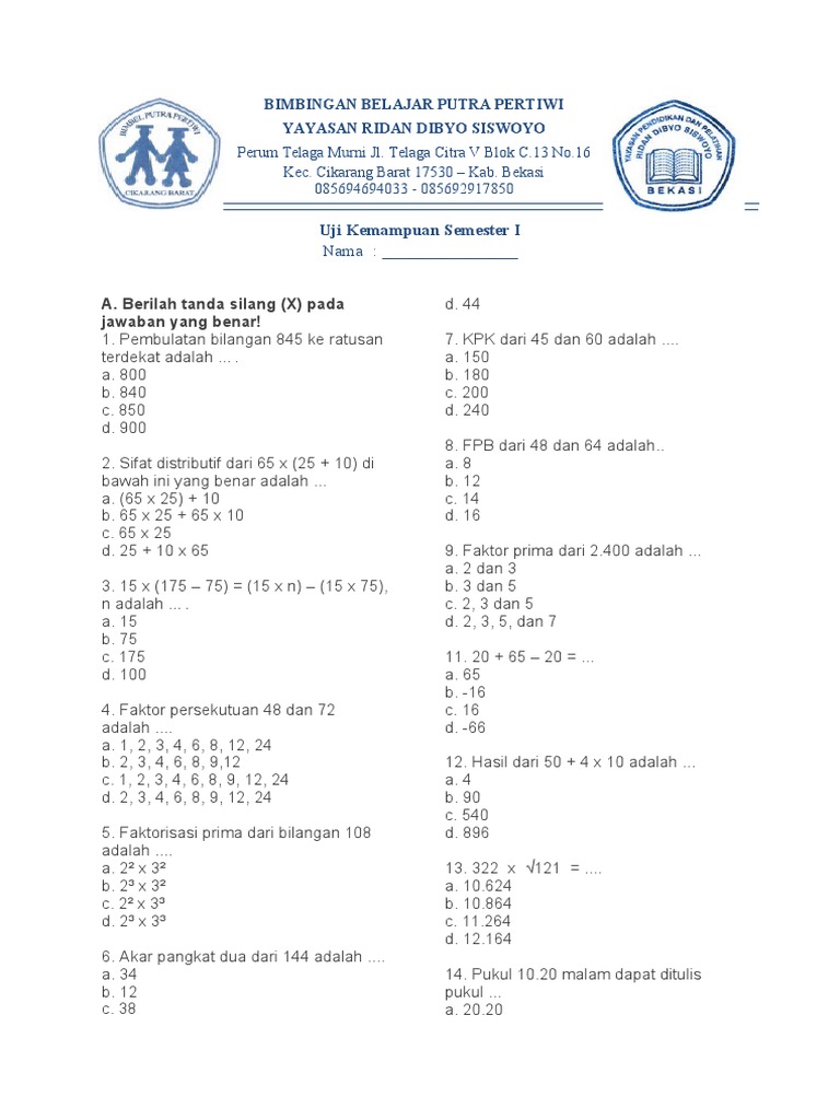 Latihan Uas SMT 1 MTK Kelas 5 | PDF