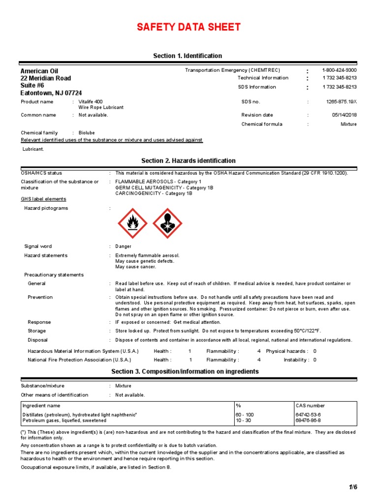 Vitalife 400 Wire Rope Lubricant Sds Pdf Firefighting