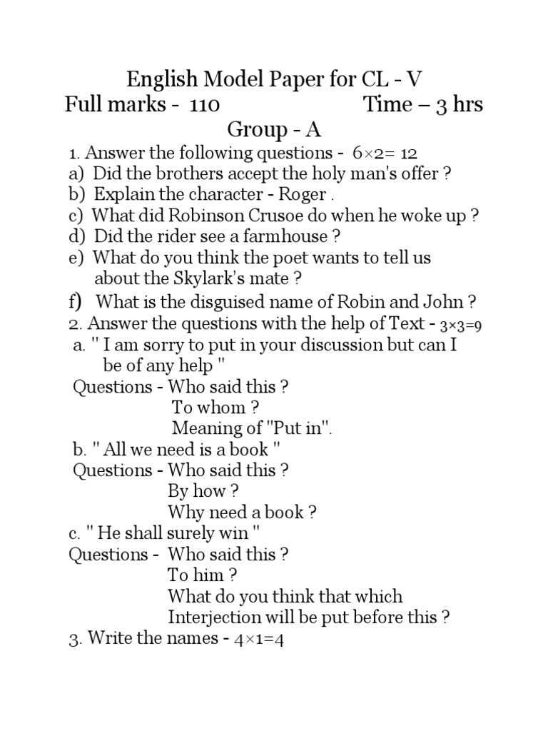 English Model Paper for CL-V Exam | PDF | Subject (Grammar) | Verb