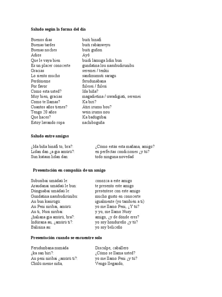 Saludos y frases en idioma garifuna | PDF | Arte | Religión y ...