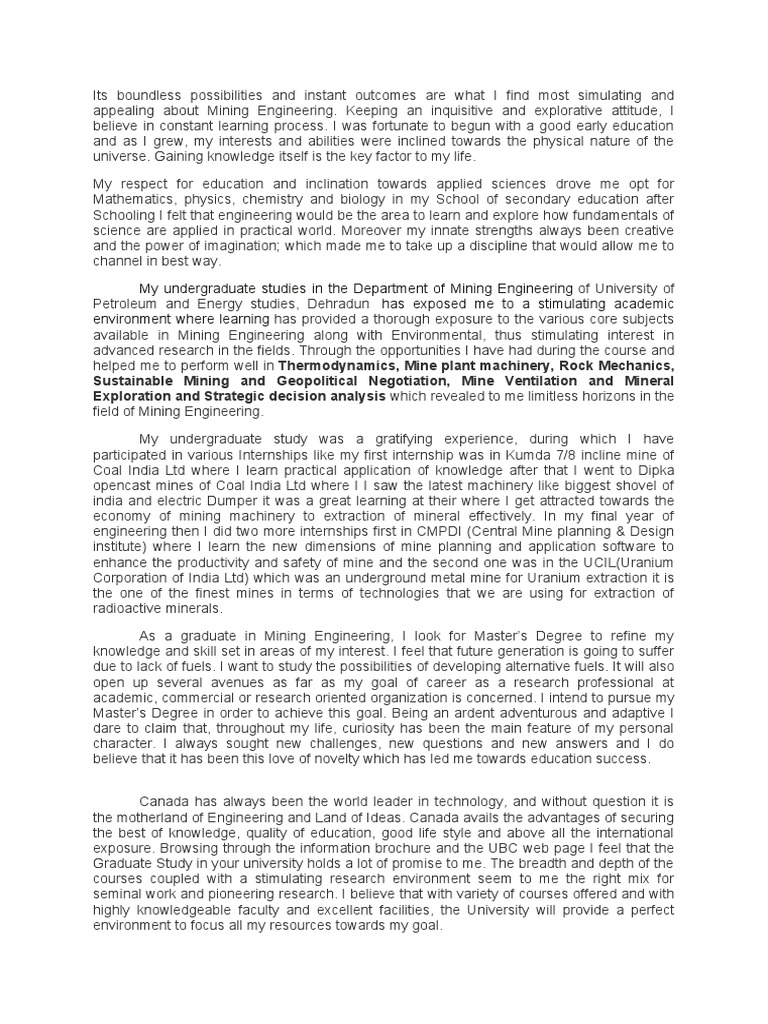 My Undergraduate Studies in The Department of Mining Engineering Has Exposed Me To A Stimulating ...