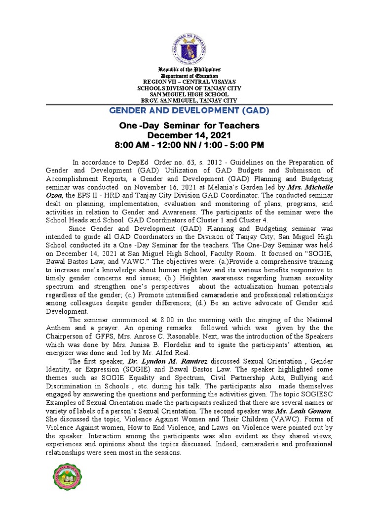 Gender and Development Seminar - 2021 - NARRATIVE REPORT | Download ...