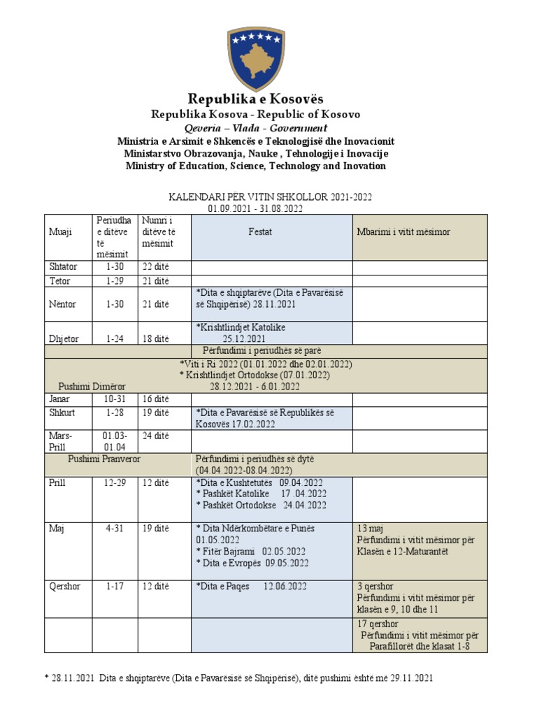 Kalendari Shkollor 2021 2022 Final 23082021 | PDF