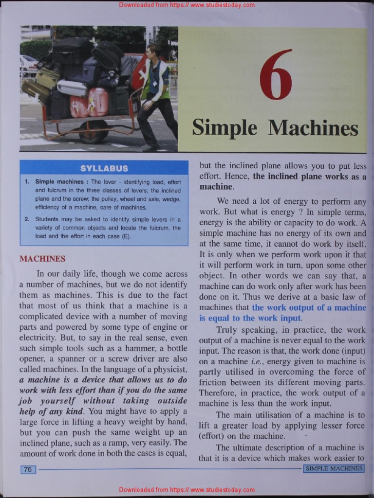 ICSE Class 6 Physics Chapter 6 Simple Machines | PDF