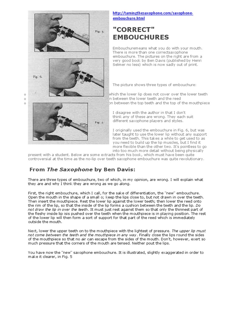 "Correct" Embouchures: From The Saxophone by Ben Davis | PDF | Saxophone | Aerophones