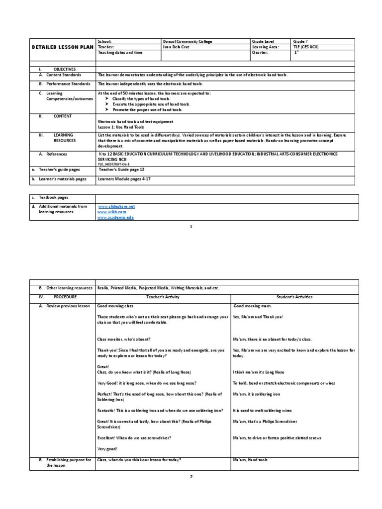 Electronics Hand Tools Lesson Plan | PDF | Teachers | Screw