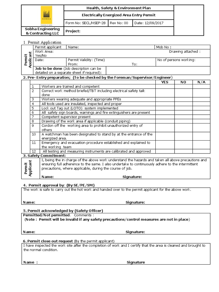 Electrially Energized Area Entry Permit | PDF | Occupational Safety And ...