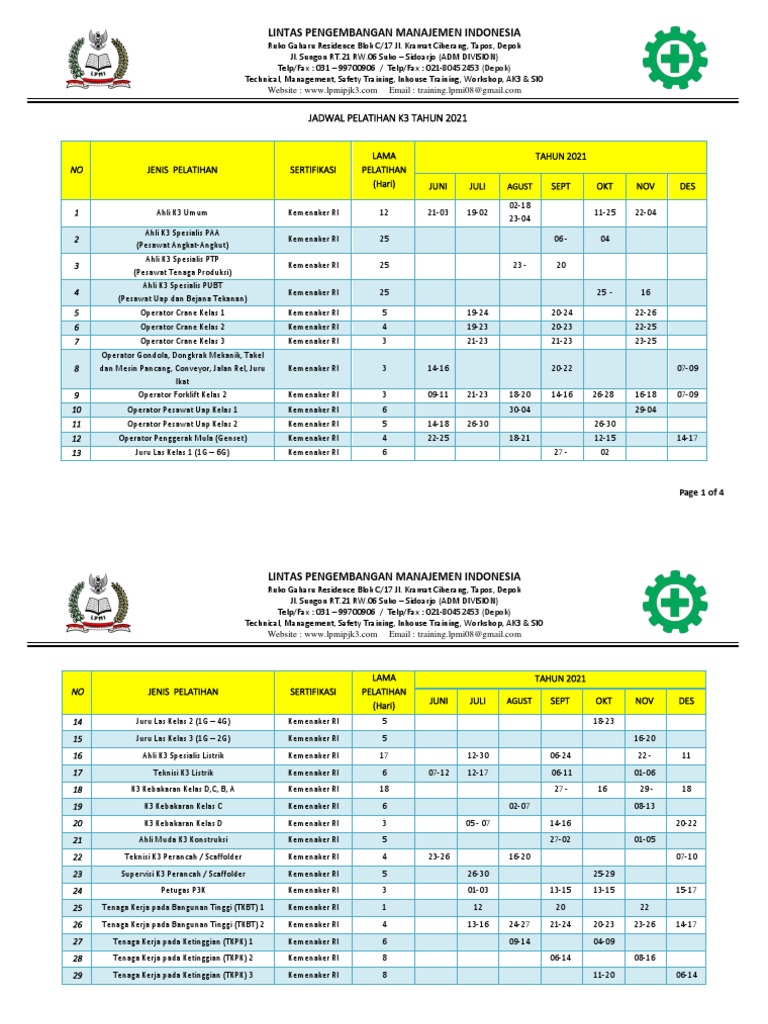 Jadwal Training k3 Lpmi - 2021 | PDF