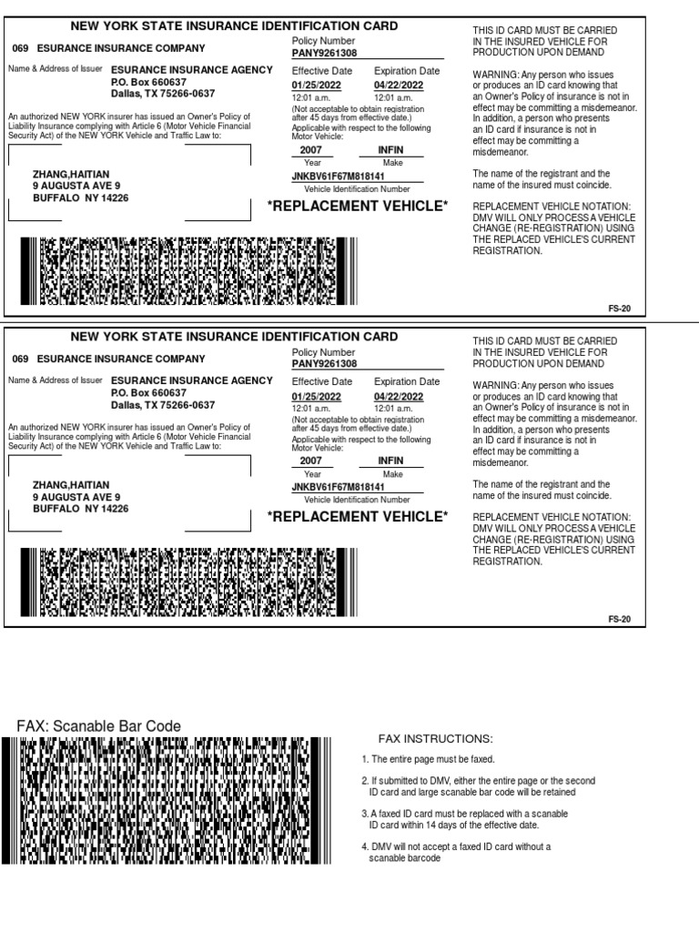 Replacement Vehicle : New York State Insurance Identification Card ...
