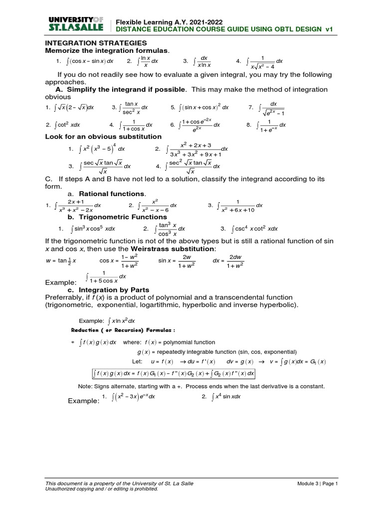 Integration Strategies Memorize The Integration Formulas.: Distance Education Course Guide Using ...
