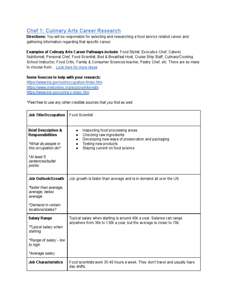 Copy of Culinary Arts Career Research | PDF | Foods | Food Science