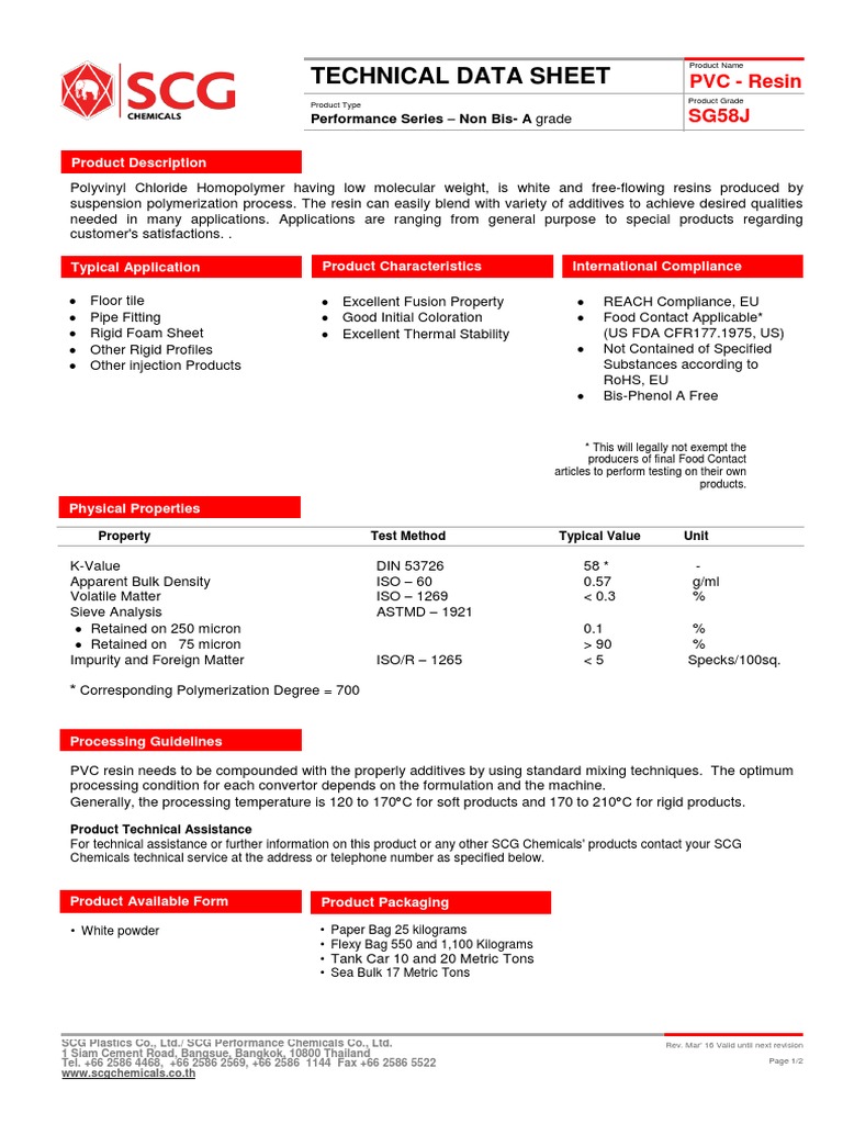Technical Data Sheet: PVC - Resin SG58J | Download Free PDF | Polyvinyl ...