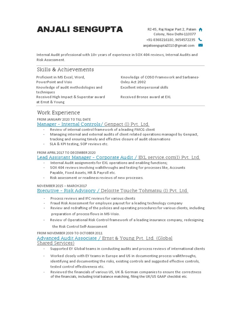 Resume - Anjali Sengupta - 2021 | PDF | Audit | Internal Control