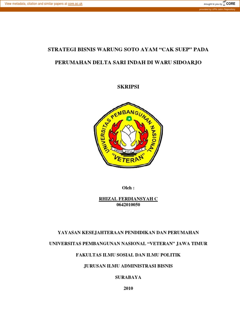 Strategi Bisnis Warung Soto Ayam "Cak Suep" Pada Perumahan Delta Sari Indah Di Waru Sidoarjo | PDF