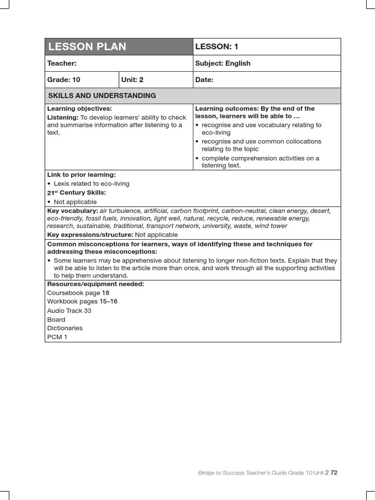 Lesson Plan: Teacher: Subject: English Grade: 10 Unit: Date: Skills and ...