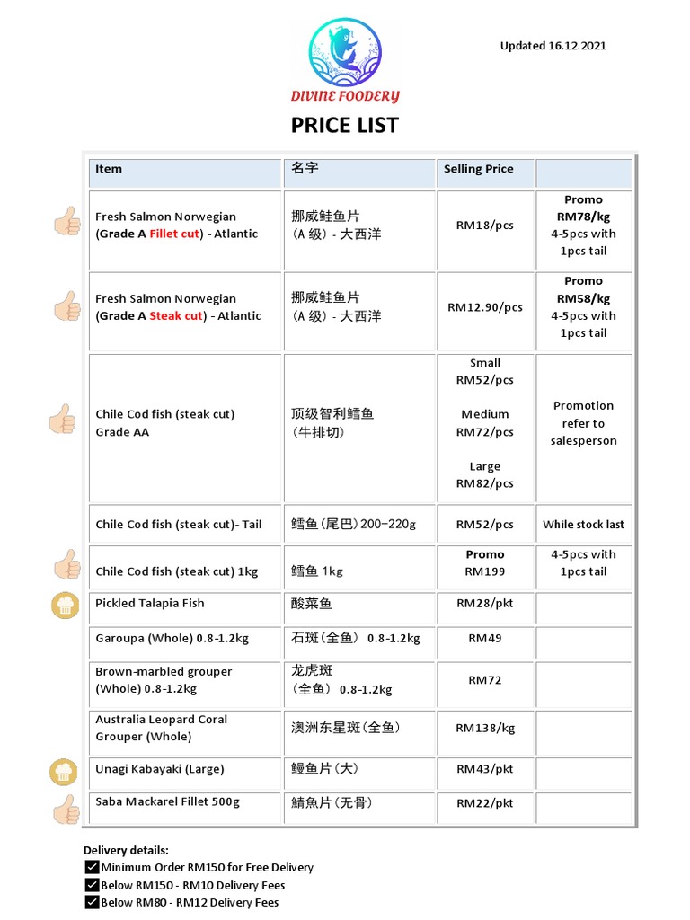 Seafood PRICE LIST Dec 2021 Updated Version | PDF | Foods | Cuisine