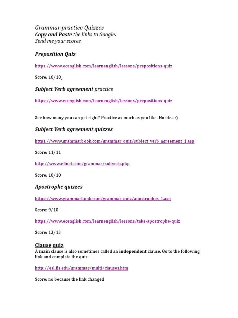 Grammar Practice Quizzes | PDF