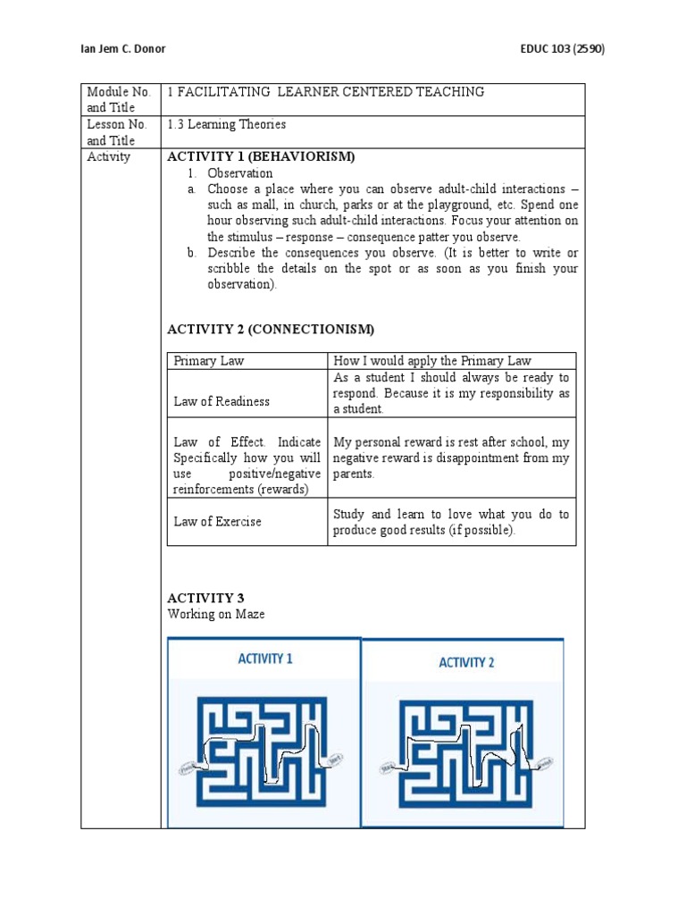 Donor - Lesson 1.3 - Educ 103 (2590) | PDF | Learning | Behaviorism