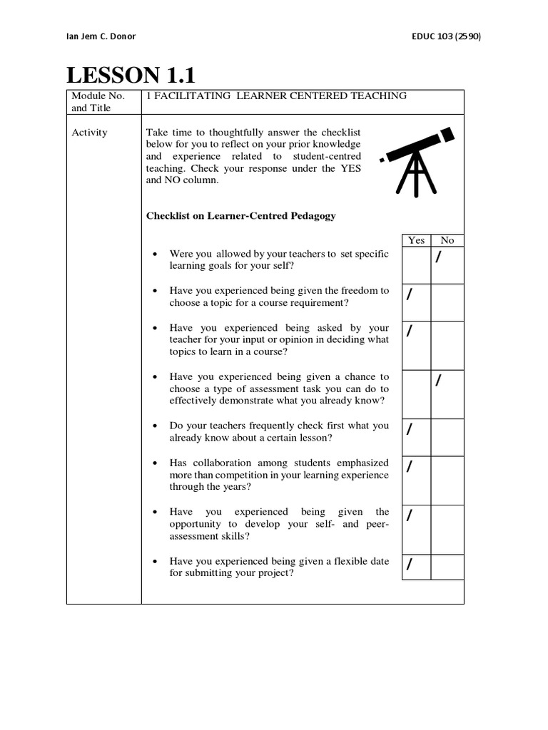 Lesson 1.1: Checklist On Learner-Centred Pedagogy | PDF | Educational ...