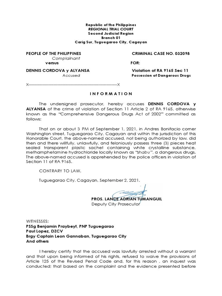 Prosecution Violation of Section 11 of Ra 9165 Possession | PDF ...