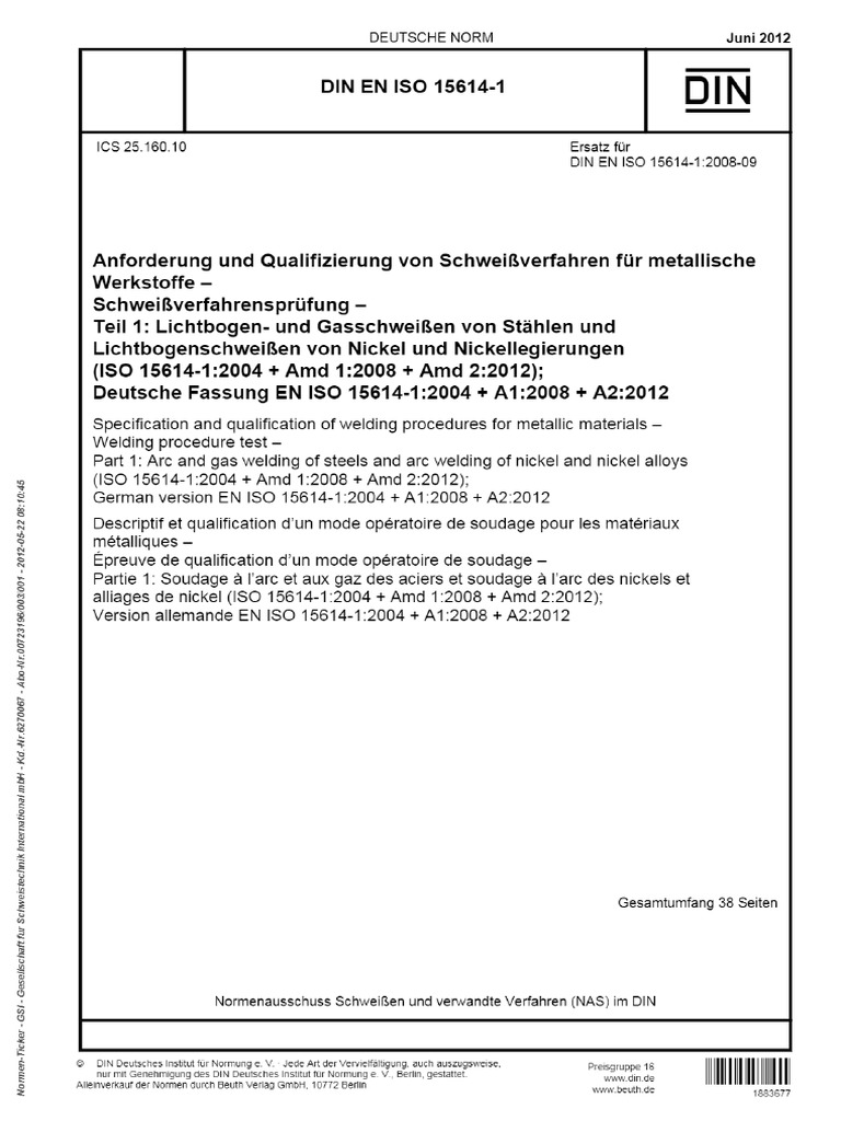 DIN en ISO 15614-1 - 2012-06 Schweißverfahrensprüfung | PDF