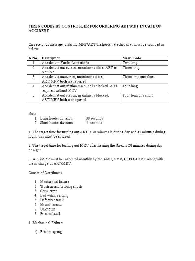 Siren Codes by Controller For Ordering Art/Mrt in Case of Accident ...