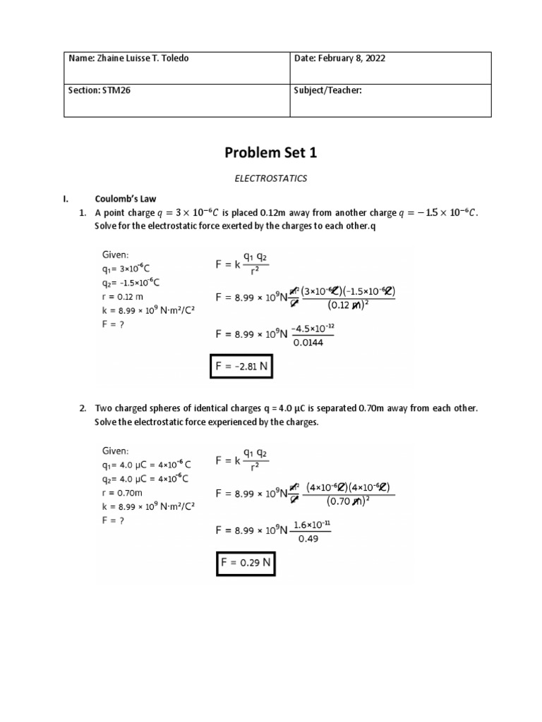 Electrostatics Problem Set With Answers | PDF | Electric Field | Electrostatics