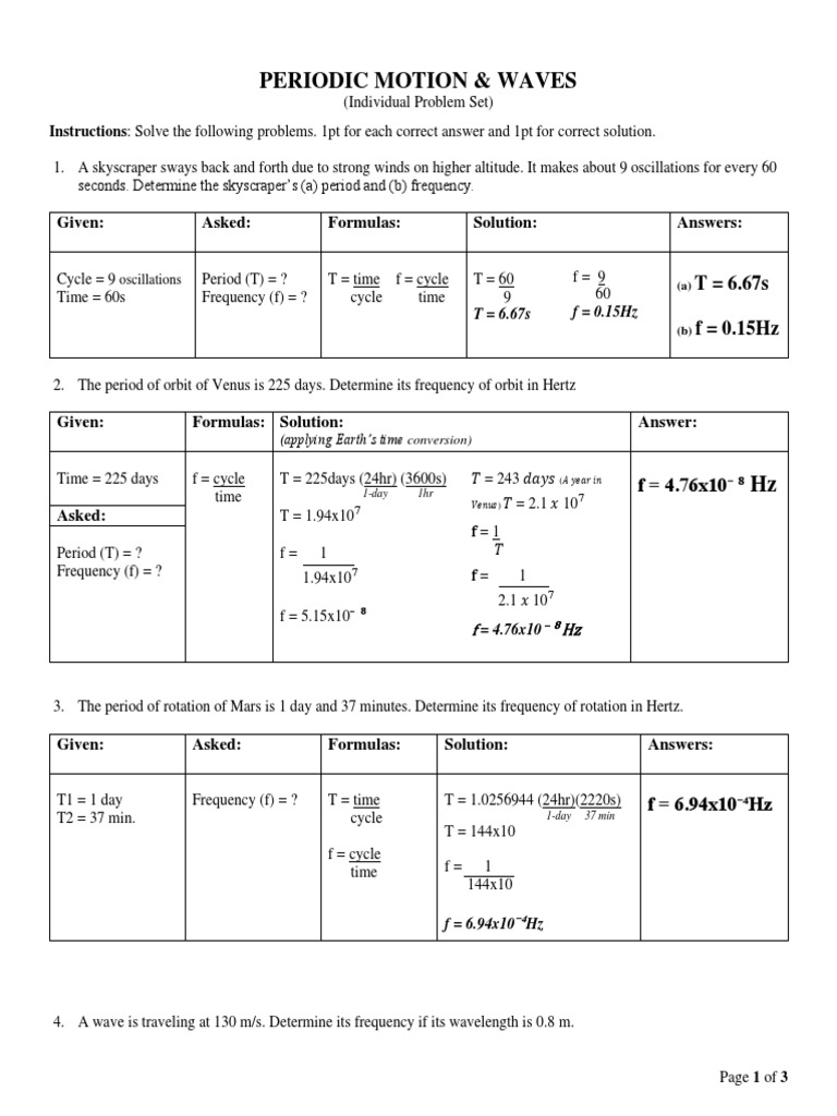 PERIODIC MOTION & WAVES Problem Set With Answers | PDF | Frequency | Hertz