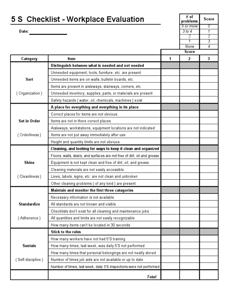 5 S Checklist - Workplace Evaluation: 5 or More 0 3 To 4 1 2 2 1 3 None ...
