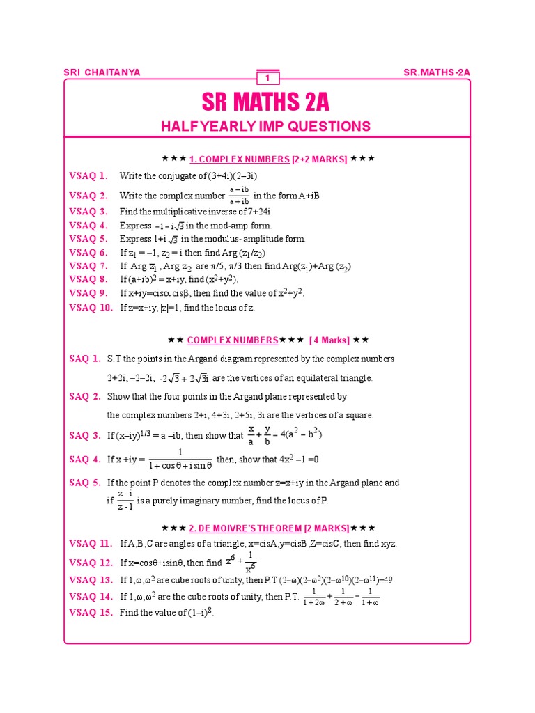 SR Maths 2A: Half Yearly Imp Questions | PDF | Circle | Complex Number