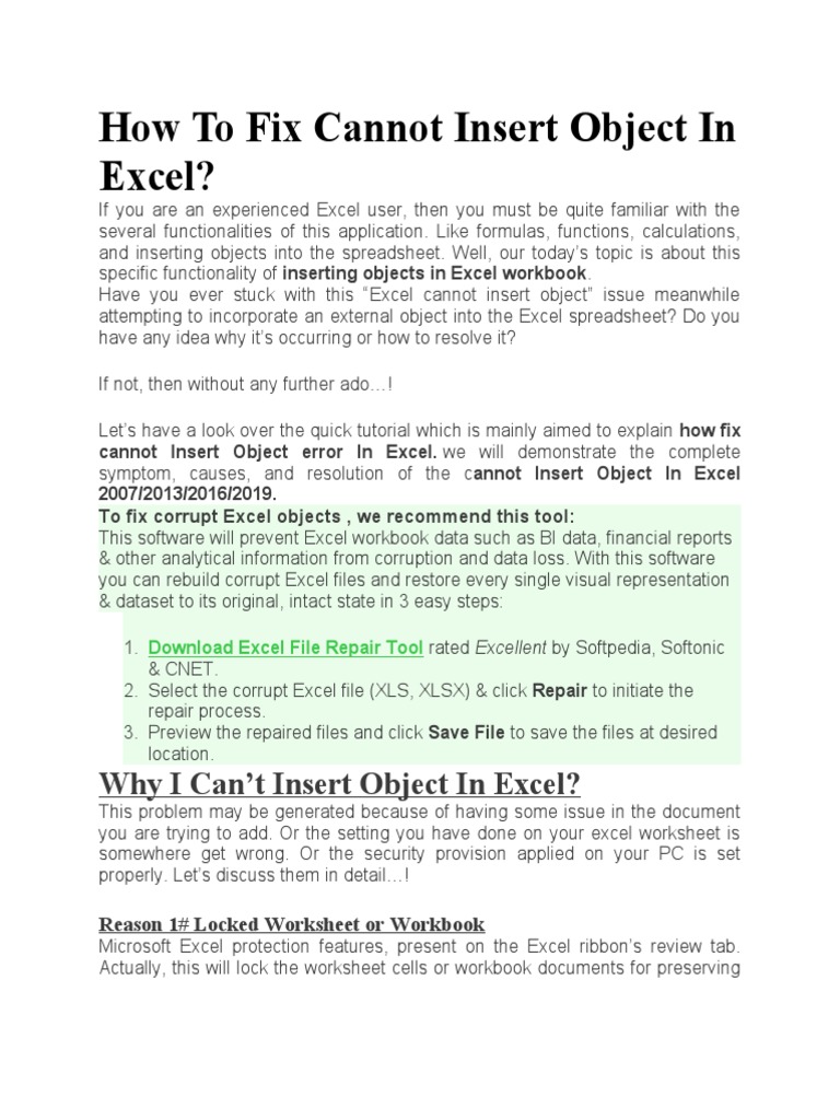 Fix Cannot Insert Object In Excel Pdf Microsoft Excel Computer File 5389