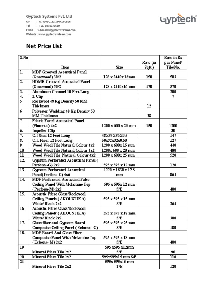 Net Price List Gyptech | PDF | Tile | Building Materials