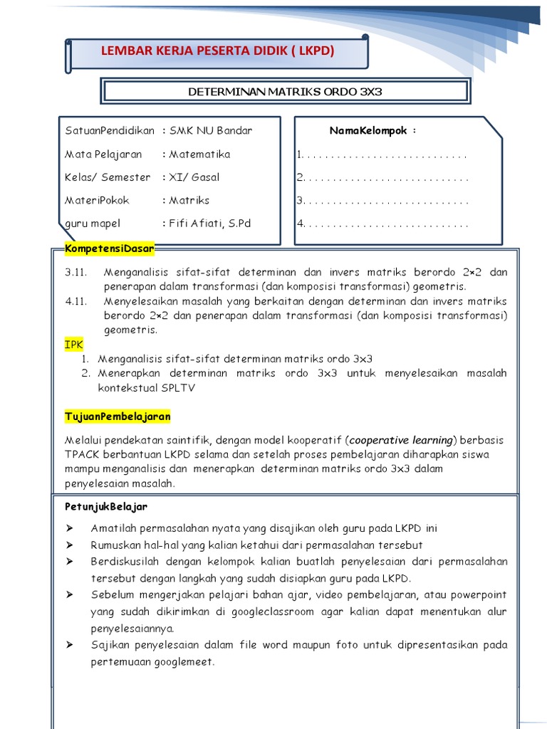 LKPD Matriks | PDF | Metode & Bahan Ajar