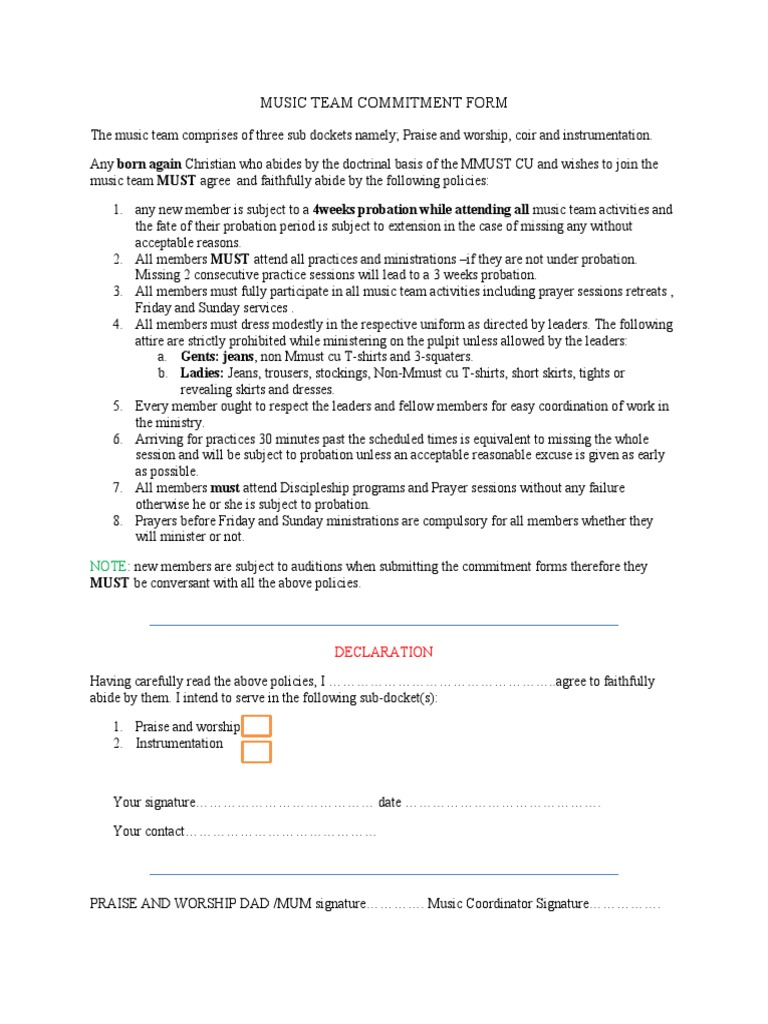 Music Team Commitment Form: MUST Be Conversant With All The Above ...
