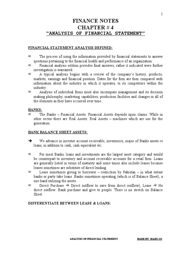 Finance Notes Chapter # 4: "Analysis of Financial Statement" | PDF ...