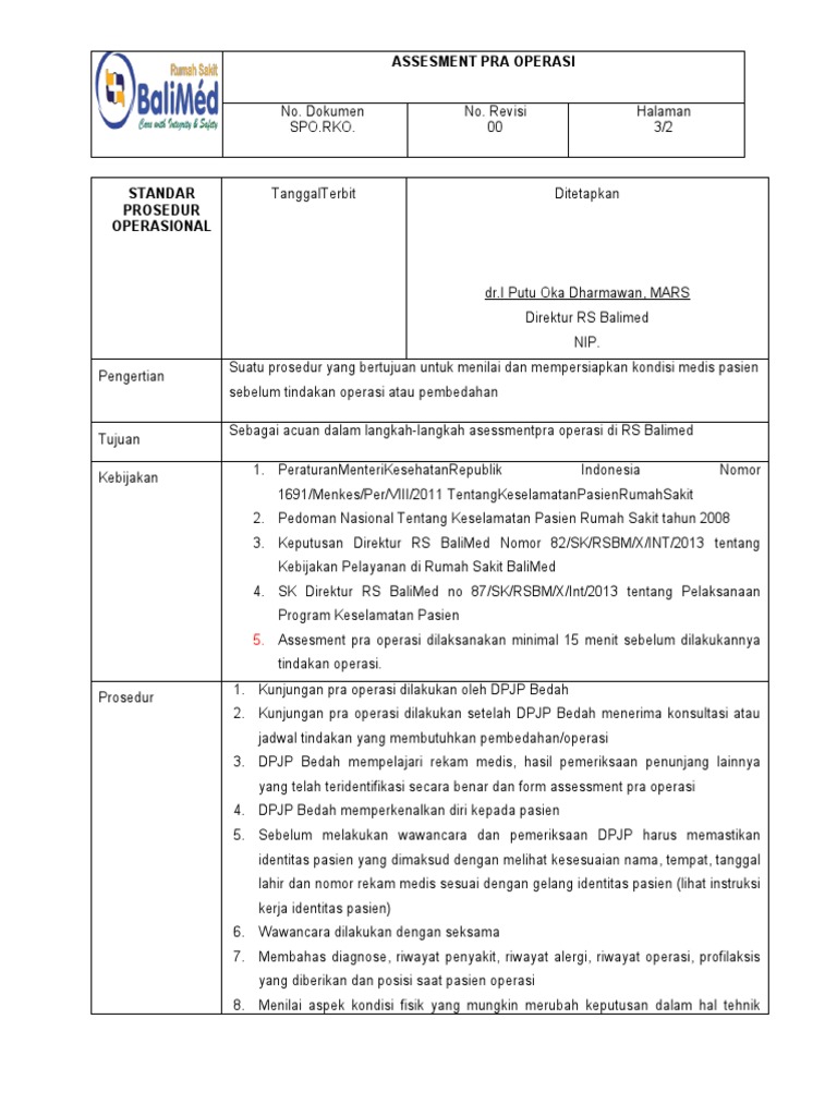 Prosedur Assessment Pra Operasi RS Balimed | PDF