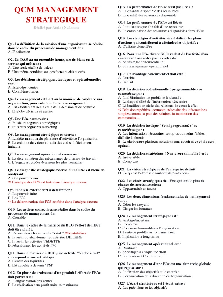 QCM Management Strategique | PDF | Gestion stratégique | Chaîne de valeur