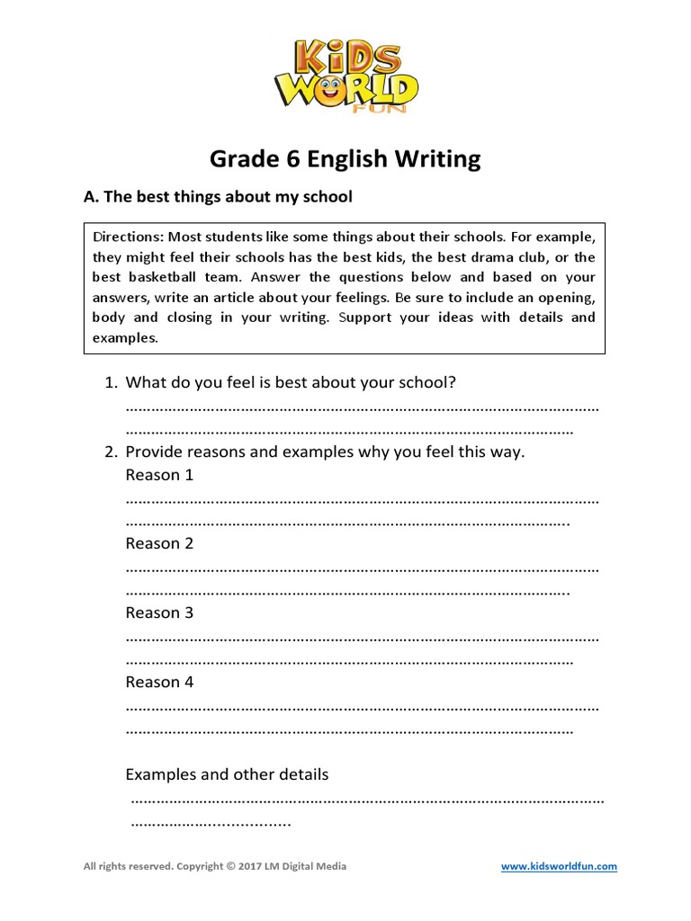 Grade 6 English Writing: A. The Best Things About My School | PDF ...