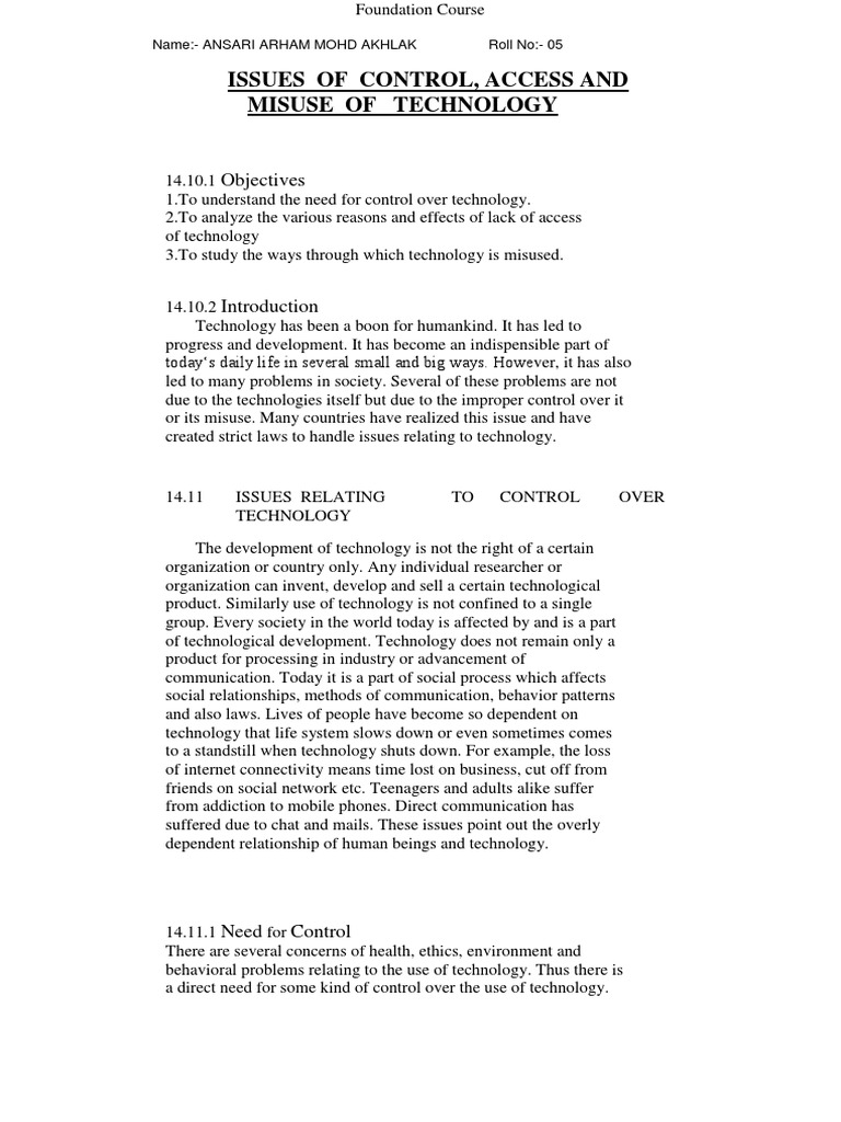 Issues of Control, Access and Misuse of Technology: Objectives ...