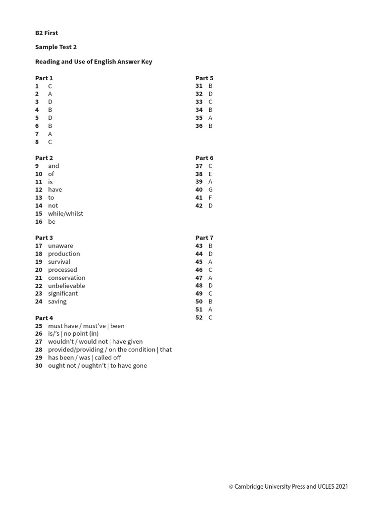 B2 First Practice Test Reading and Use of English Answer Key | PDF