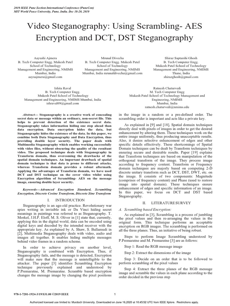 Video Steganography: Using Scrambling - AES Encryption and DCT, DST Steganography | PDF | Public ...