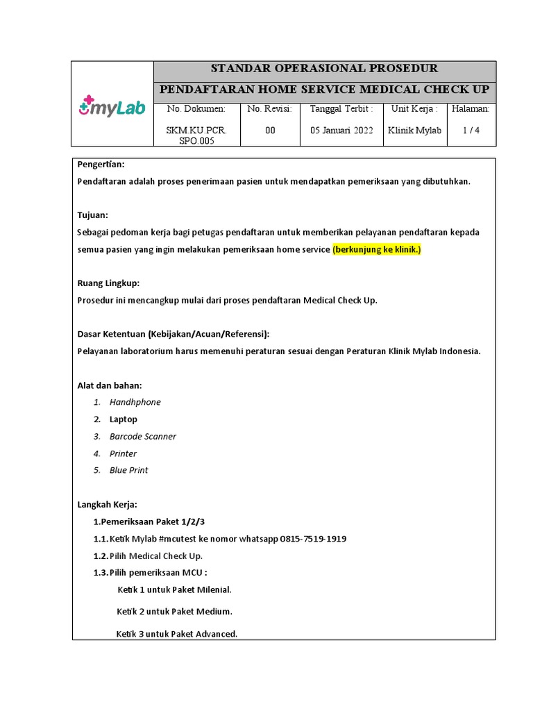Sop Pendaftaran Mcu Home Service Dan Mitra | PDF